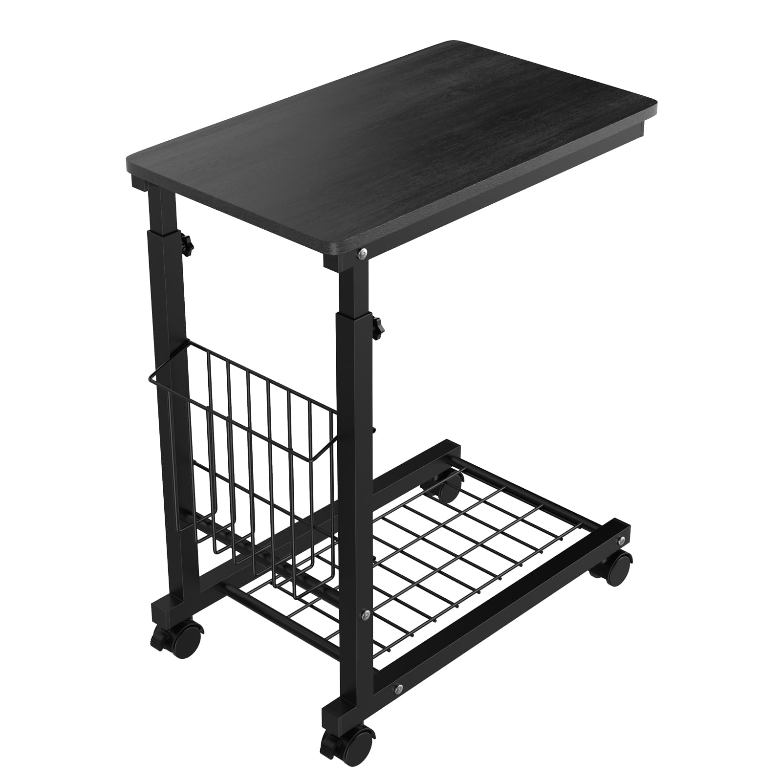 micoe C Shape Side Table Adjustable End Table with Side Basket and Bottom Mesh Storage Design Four Swivel Wheels with Brakes, Metal Frame MDF Wooden Board,