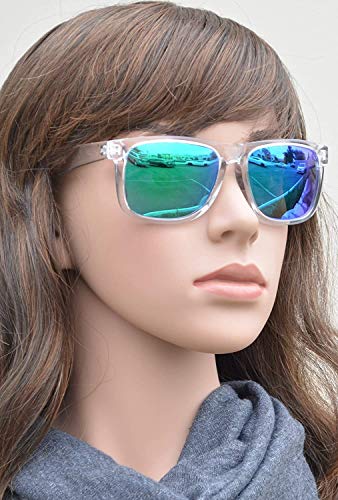 PZ Clear Frame Polarized Square Sunglasses Women Men - UV Protection Color Mirror Lens - Retro (3 Pack Transparent + Blue, Green, Red)