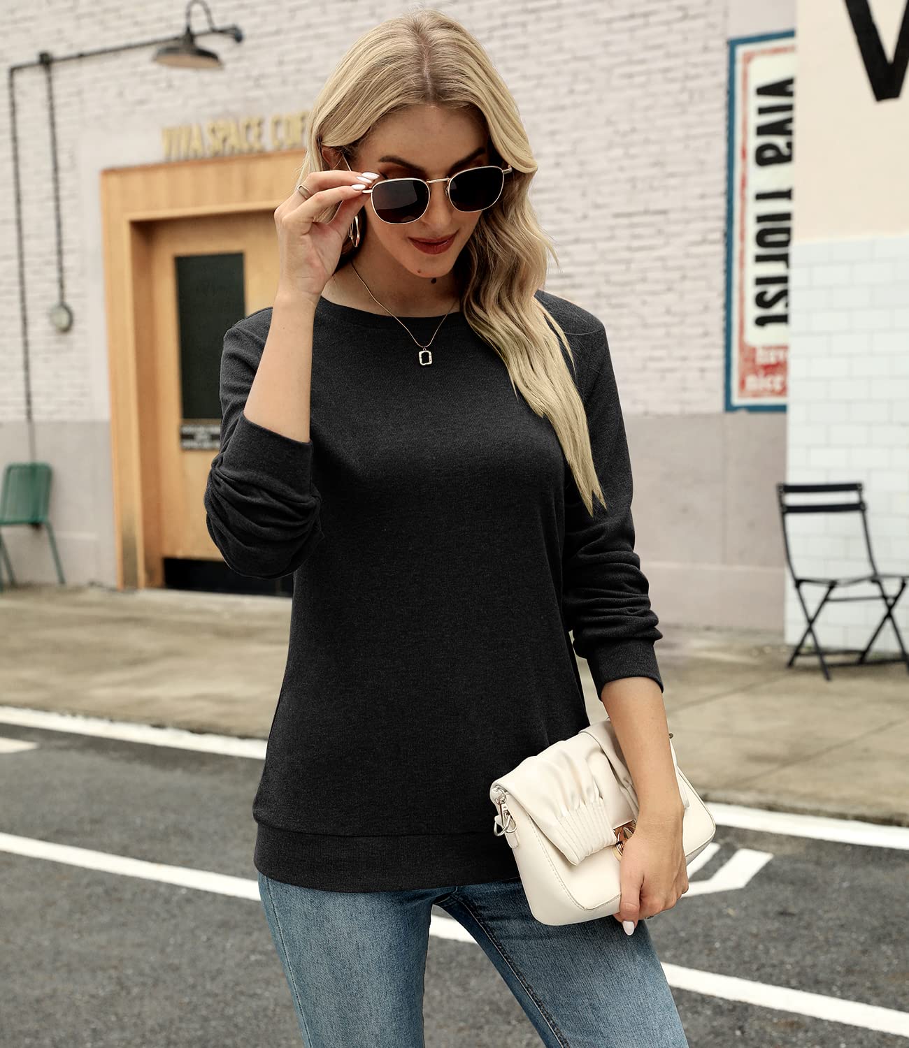VIVIfashion Fall Long Sleeve Blouse Crew Neck Balloon Sleeve Sweatshirts Casual Tops for Women