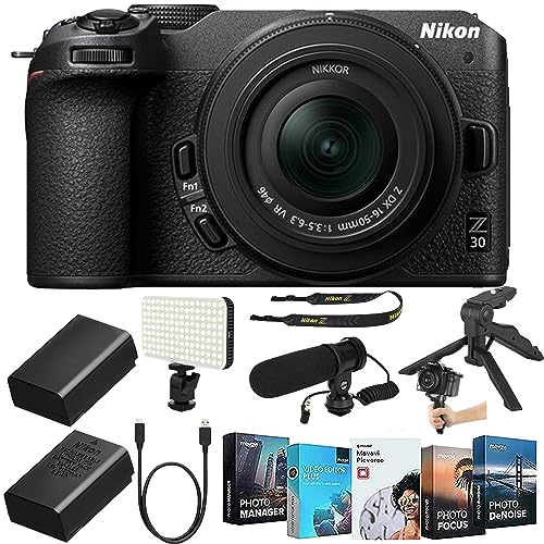 Nikon Z30 Mirrorless Camera with Nikon NIKKOR Z DX 16-50mm f/3.5-6.3 VR Lens+Handheld Grip Tirpod+LED Light+Photo Software+Shot-Gun Microphone(13PC) Bundle