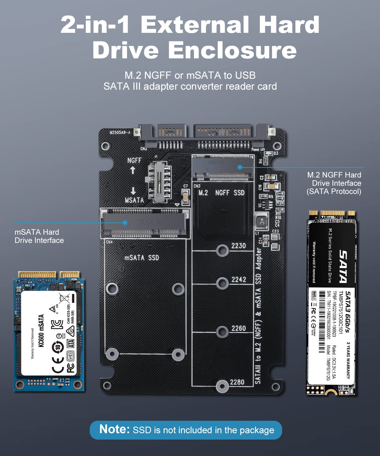 ZEXMTE M.2 NGFF or mSATA to SATA III Adapter, 2-in-1 M.2 to USB Adapter, NGFF or mSATA USB 3.0 Adapter Converter as Portable 2.5'' SATA Hard Drive, mSATA to SATA Enclosure(USB SATA Adapter Included)