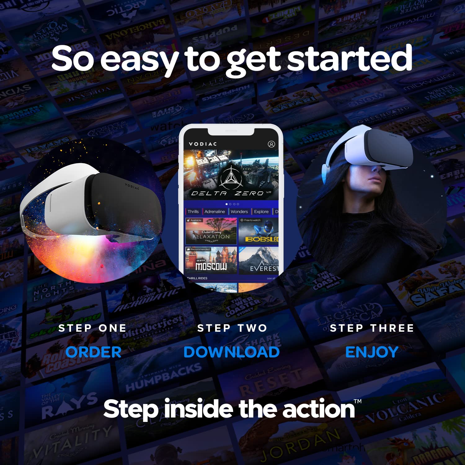 Vodiac VR - Virtual Reality Goggles, 75 Free VR videos & More via The Vodiac in-App Streaming Service. Powered by Your Smartphone iPhone Android Compatible White