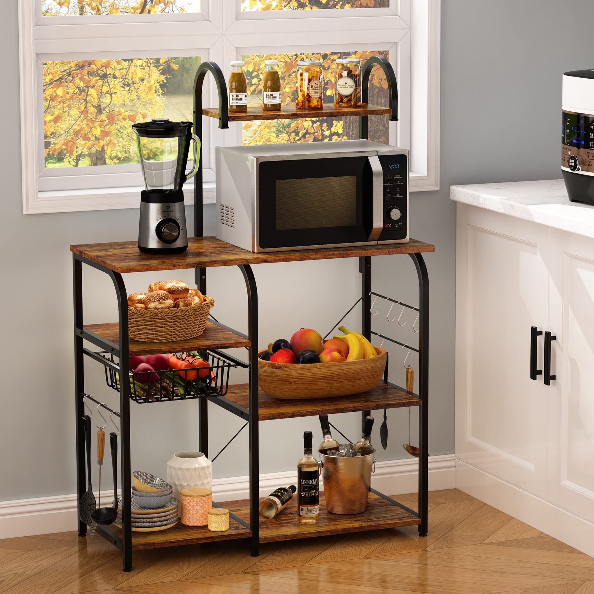 Mr IRONSTONE Bakers Rack Microwave Stand Kitchen 35.5" Microwave Cart 3-Tier+4-Tier Kitchen Shelves for Spice Organizer Coffee Station with 10 Hooks, Easy to Assemble (Vintage), 90 × 40 × 131 cm