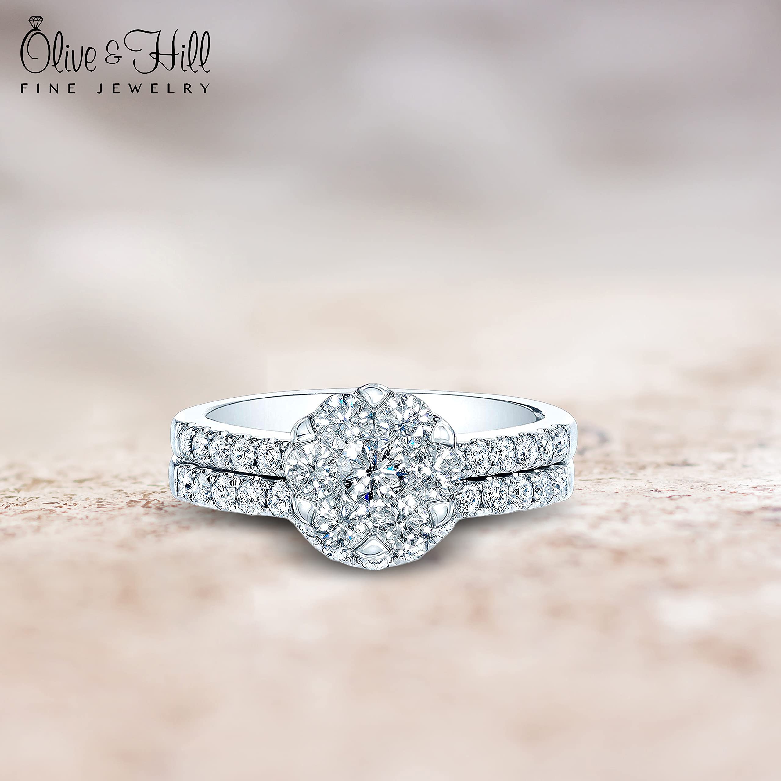 Olive & Hill Fine Jewelry 14K White Gold 1-1/8 Cttw Diamond Pave Round Cluster Engagement & Wedding Ring Set (H-I Color), Size 7