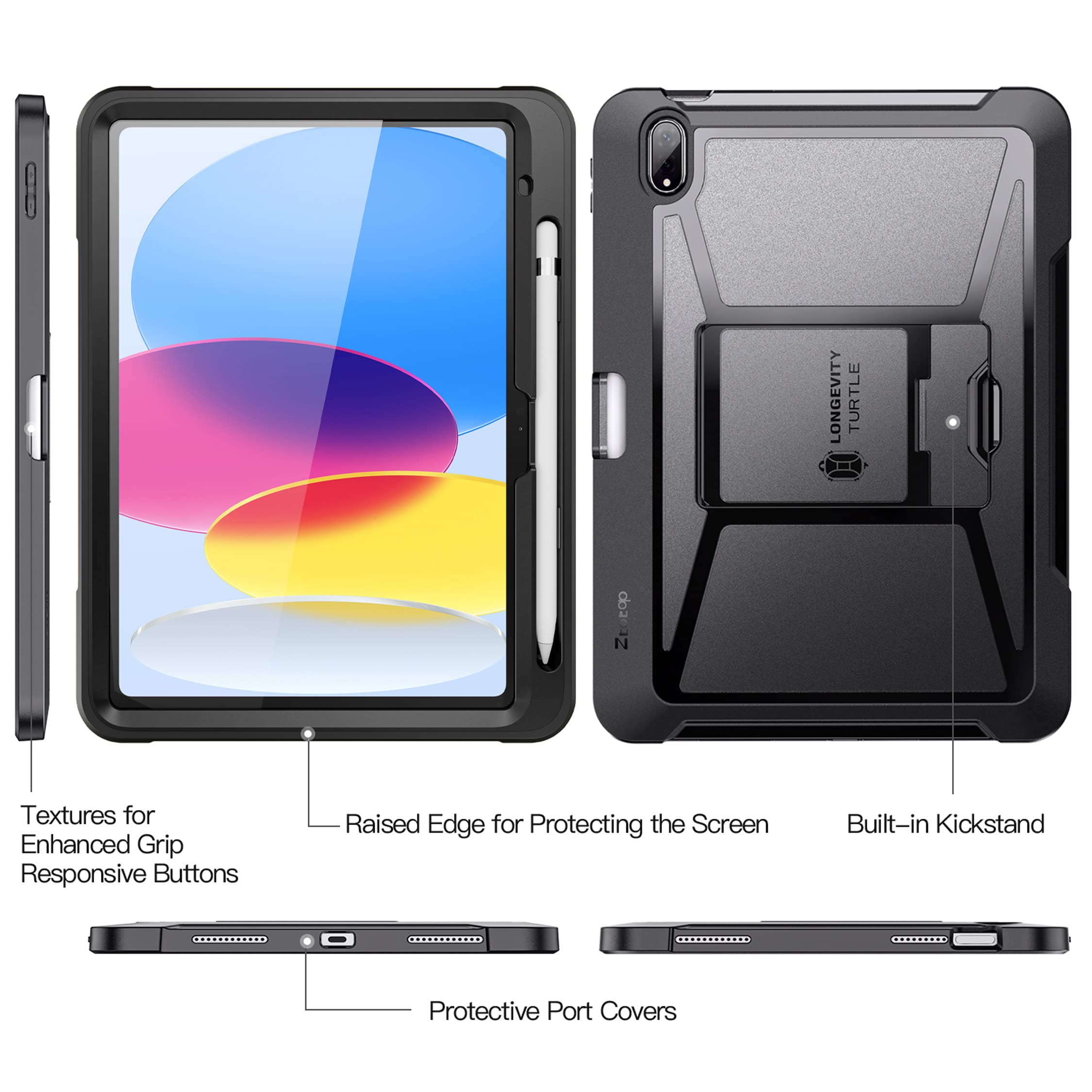 ZtotopCases for iPad 10th Generation Case 10.9 Inch 2022, Built with Pencil Holder, Screen Protector & Kickstand, Shockproof Portable Full-Body Protective Cover for New iPad 10th gen 10.9" 2022, Black