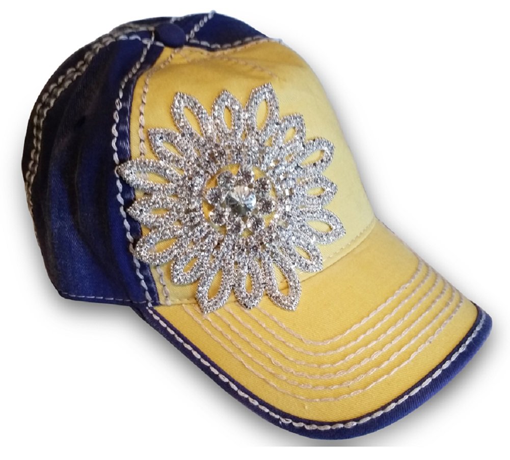 Olive & Pique Large Rhinestone Flower Two-Tone Ball Cap (One Size, Moss Navy)