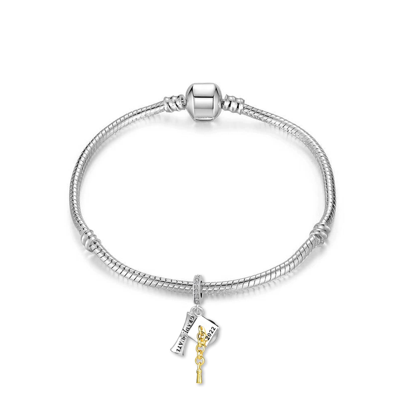 QeenseKc Graduation 2022 Charm Graduate Hat Cap &Scroll Beads for Pandora Charms Bracelet Necklace Golden