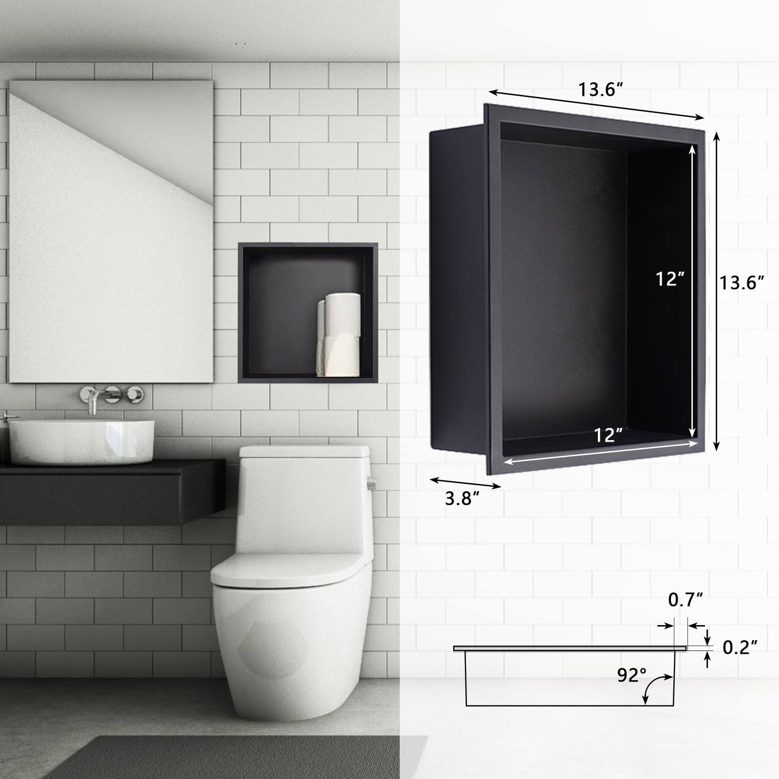 ZHAIUPON Shower Niche 12" x 12", Stainless Steel Wall Shower Niche No Tile Needed,Black Single Shelf Recessed Shower Shelf for Home Bathroom Storage Soap Niche