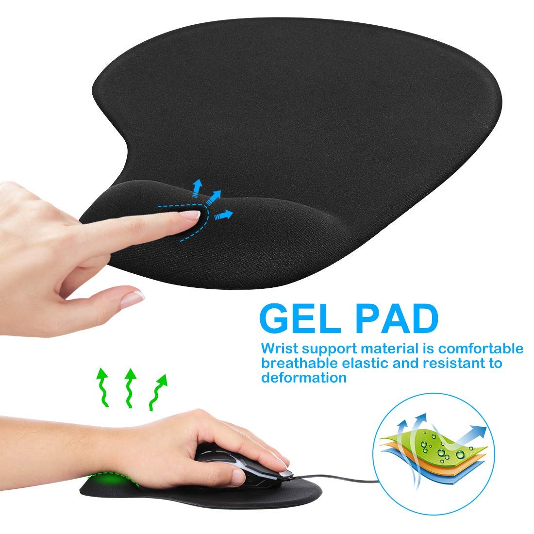 Office & Gaming Mouse Pad with Wrist Support Gel Cushion Rest Desk Mat for Desktop Computer, Laptop, MacBook, Notebook Magic Mouse Keyboard Home, Game Accessories GMP40 9.1 X 7.1 in- Black