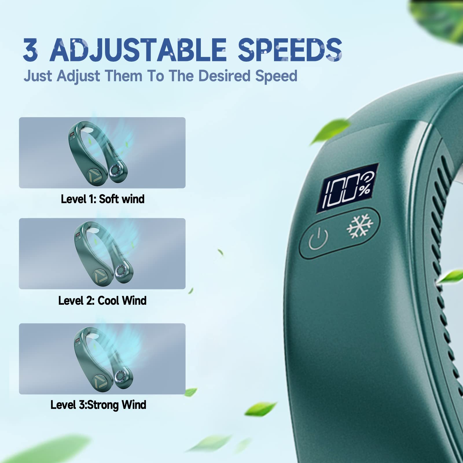 winna Neck Fan Portable Bladeless Smart display wearable air conditioner 4000mAh 3-Speeds Rechargeable Personal Cooling Device Neck Cooler with refrigeration chip(Green)