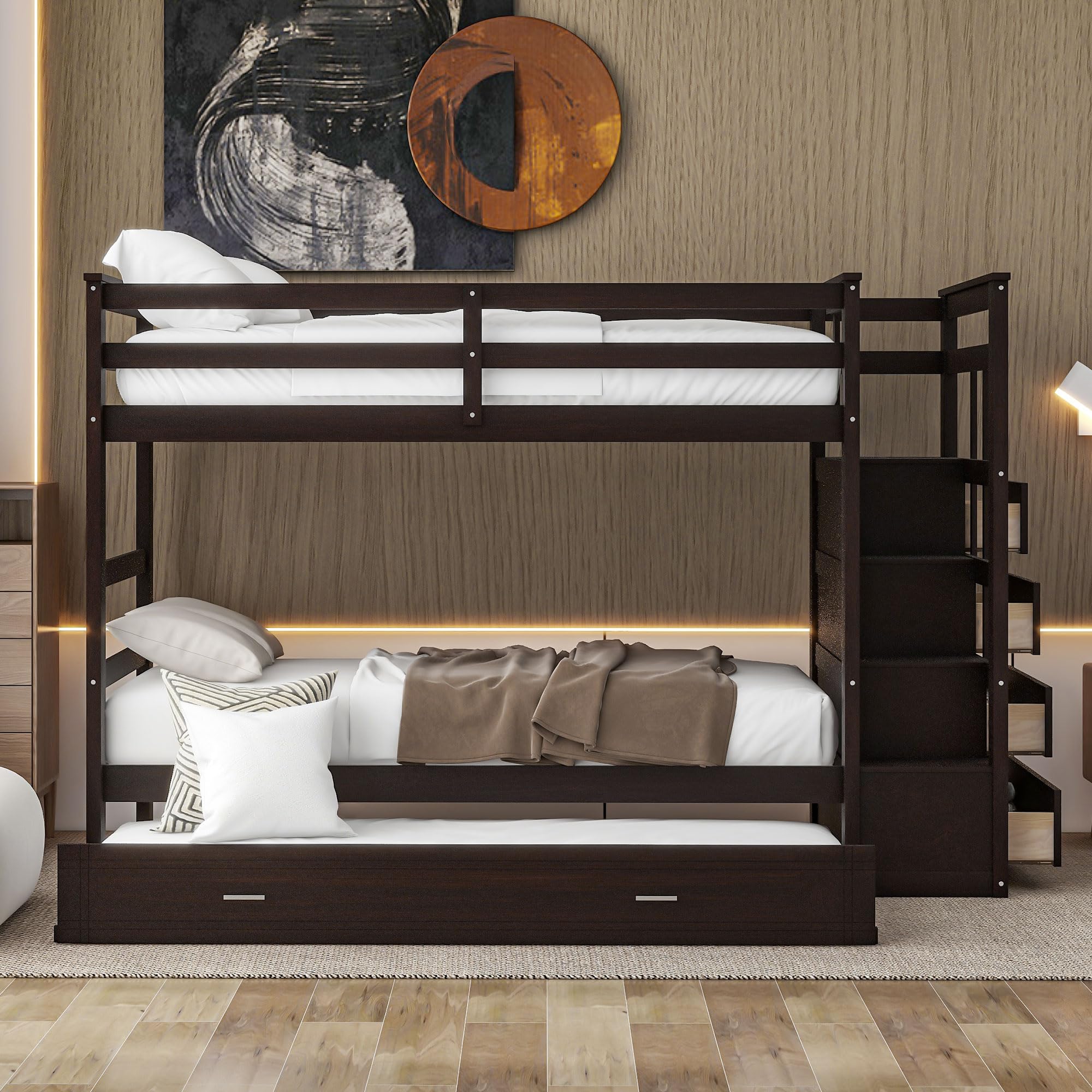 Merax Twin Over Twin Bunk Bed with Trundle, Solid Wood Stairway Bunk Bed Frame with 3 Storage Cabinet Staircase, No Spring Box Required, Espresso