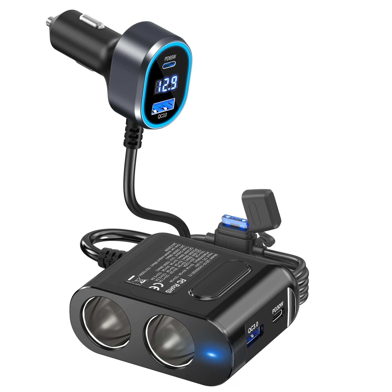 Qidoe 200W 12V/24V Car Power DC Outlet Splitter adapter [Upgraded Version] Quick Charge 3.0 and PD65W USB-C Cigarette Lighter Splitter