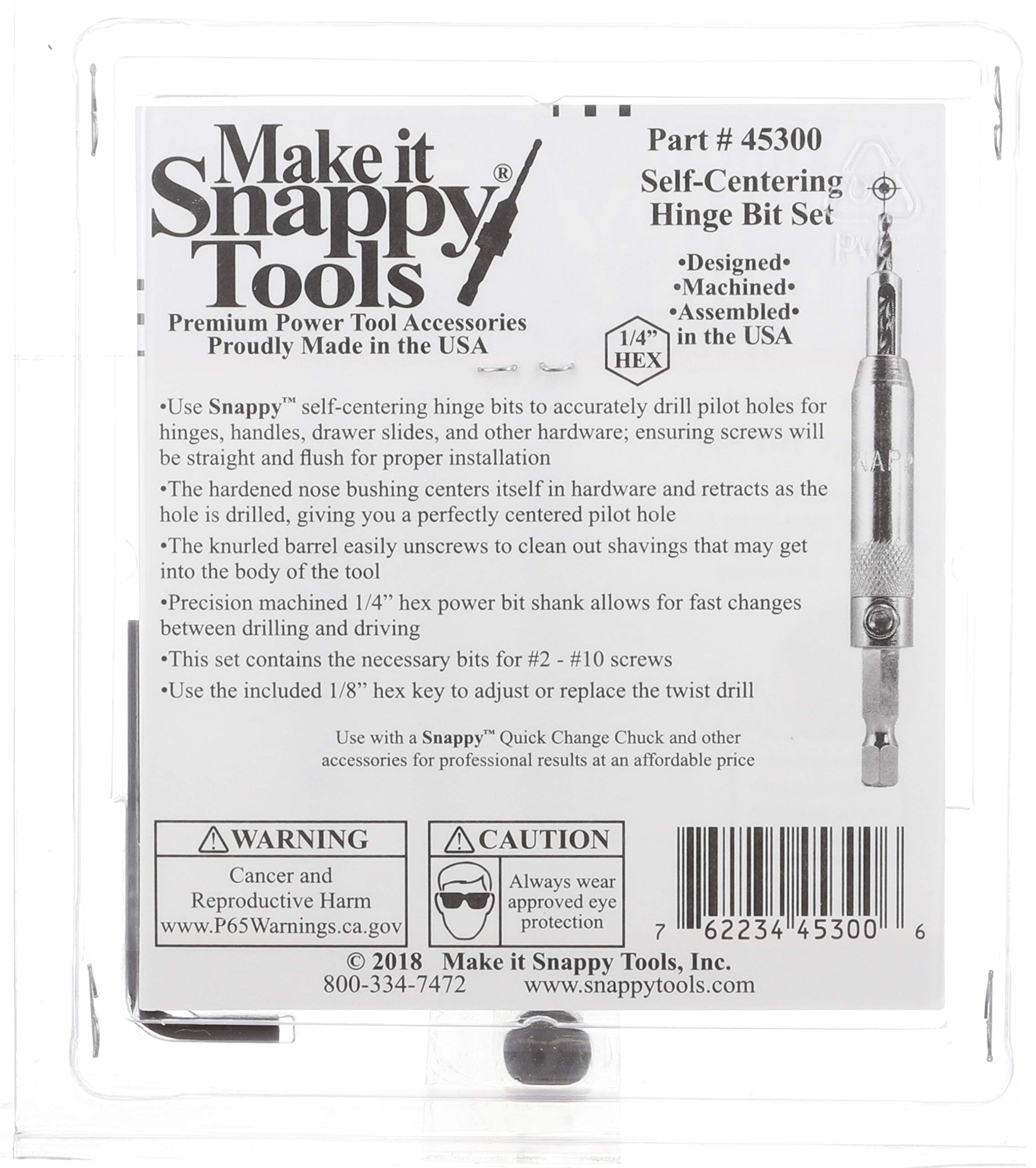 Set of 3 Snappy Tools Hinge Bits - 5/64", 7/64", 9/64" Spring Loaded Self Centering. Made In The USA.