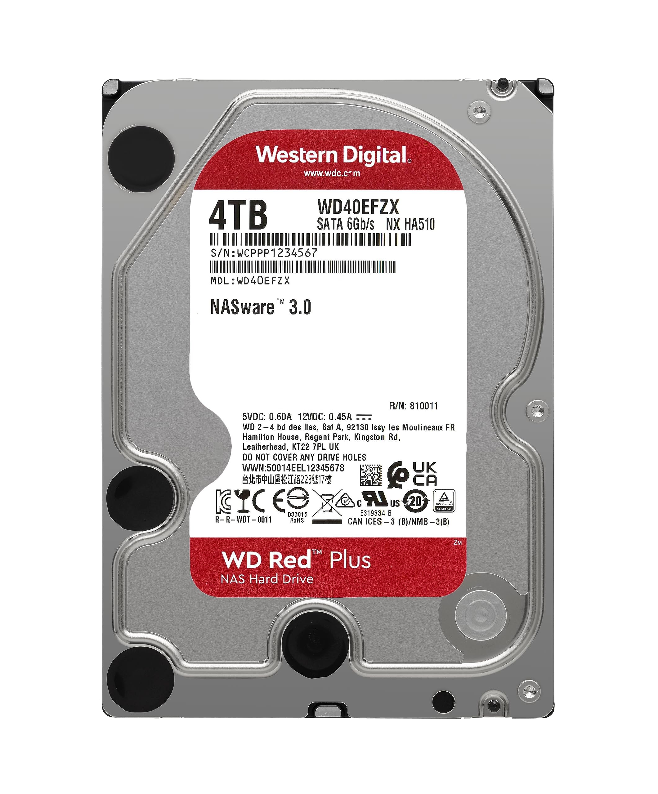 Western Digital 4TB WD Red Plus NAS Internal Hard Drive HDD - 5400 RPM, SATA 6 Gb/s, CMR, 128 MB Cache, 3.5" -WD40EFZX