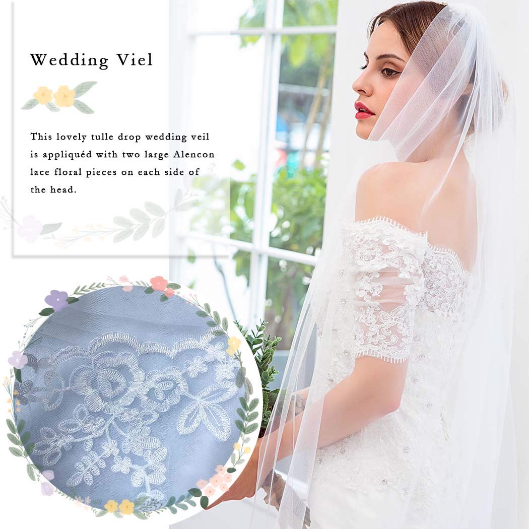 Salliy Aiosy Layer Wedding Veil Bridal Veil Embroidery Lace Edge Bride with Comb Cathedral Length Hair Accessories (White) (White)