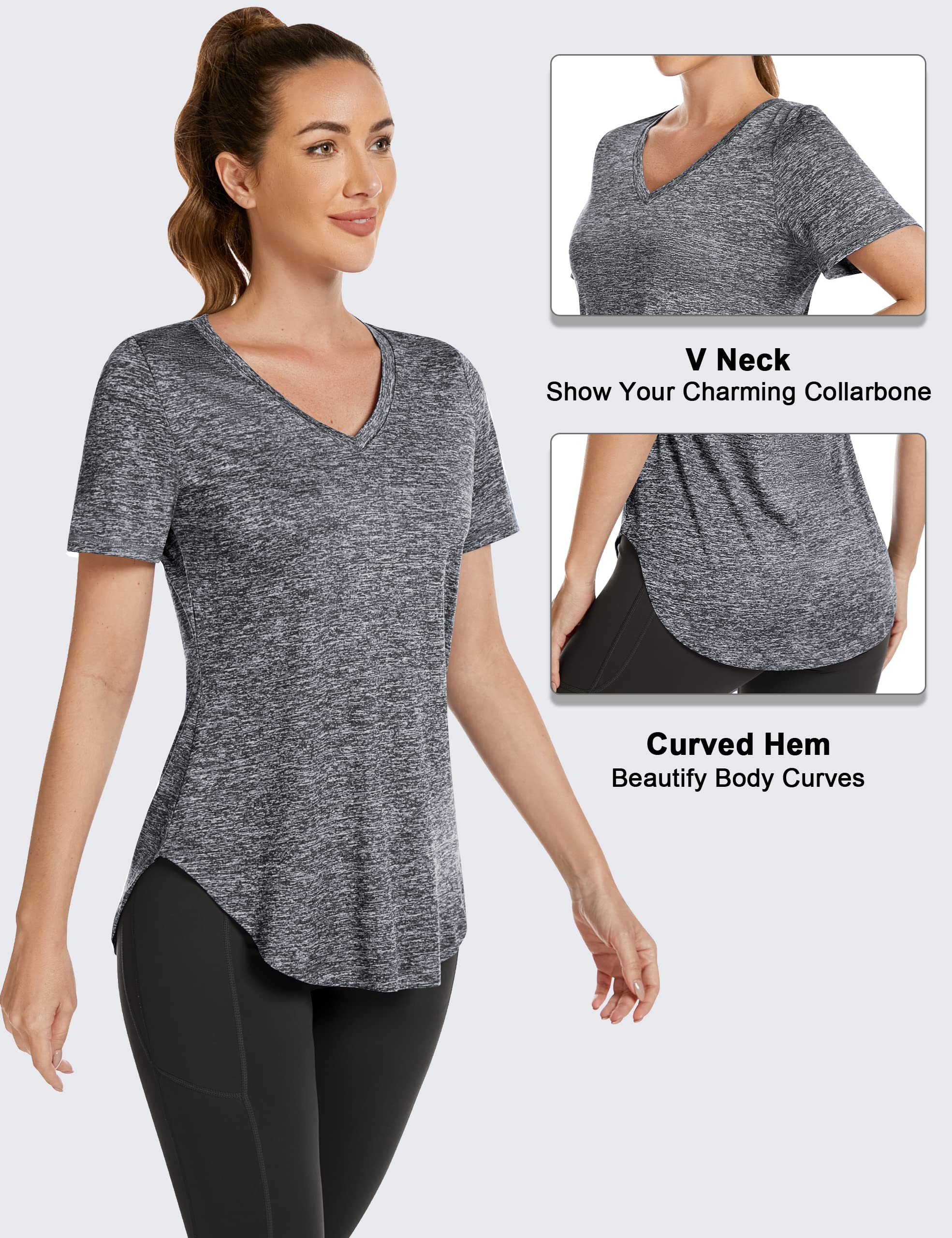 Yoga Shirts for Women Breathable Hiking T Shirt V Neck Workout Stretch Tees Active Workout Tops Grey