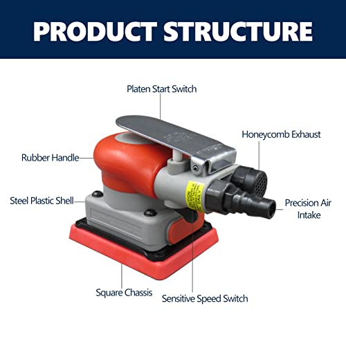 WALFRONT Pneumatic Sander 10000 RPM Air Square Orbit Finishing Sander for Wood Sanding Car Waxing Metal Sanding 75 x 100mm / 3.00 x 4.00in