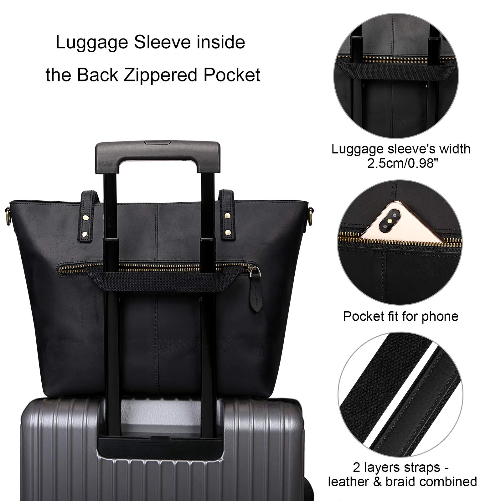 S-ZONE Genuine Leather Tote Bag for Women Vintage Shoulder Handbag Purse with Crossbody Strap Medium