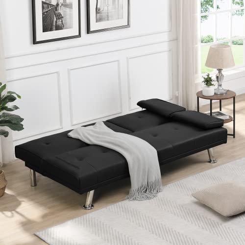 Modern Futon Sofa Bed with 2 Cupholders, PU Leather Convertible Upholstered Couch Bed Loveseat Sleeper, Folding Small Couches Love Seat, Reclining Sofa, Removable Armrests for for Small Spaces (Black)