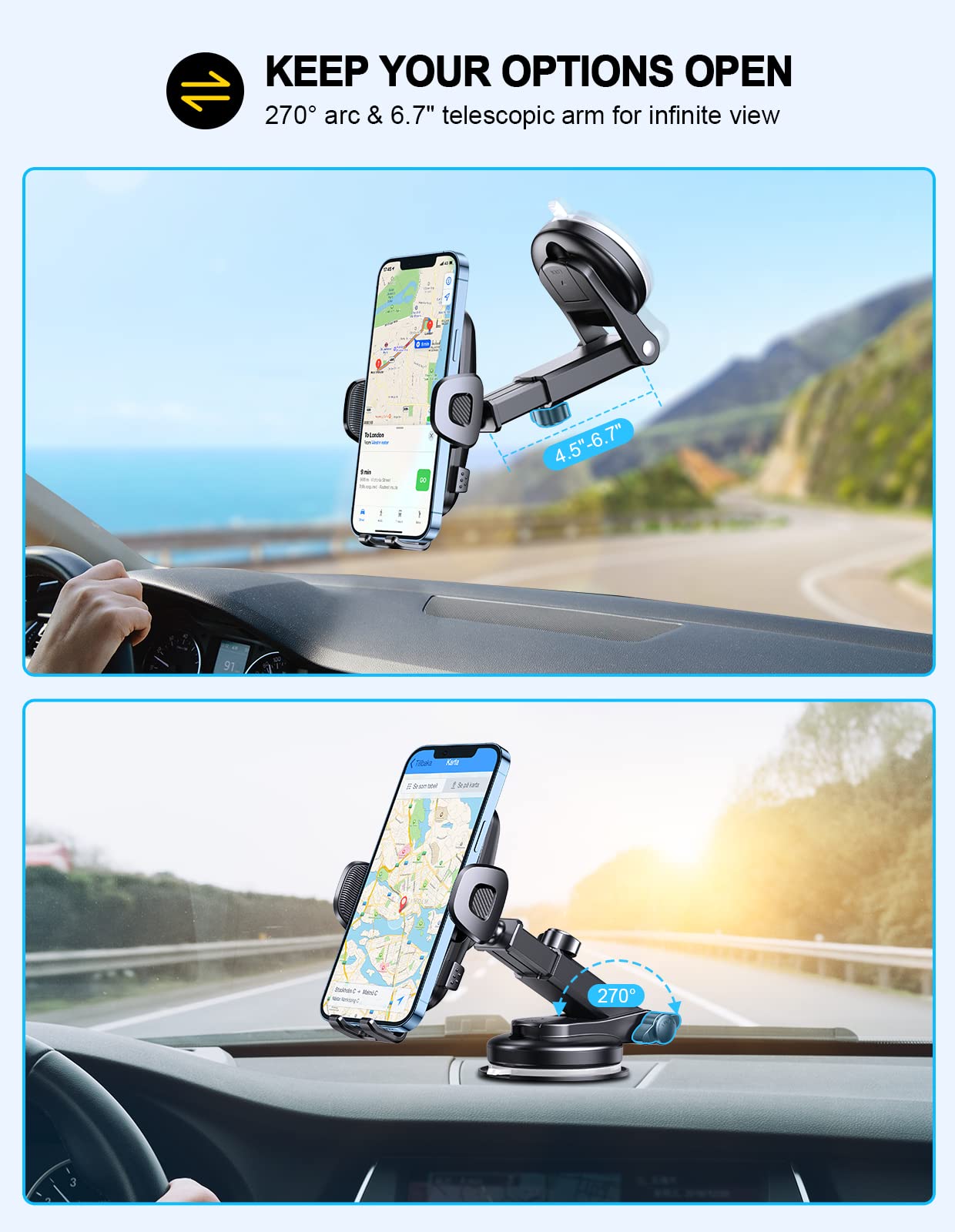 TEUMI Phone Mount for Car, [Military-Grade Super Suction] Car Phone Holder Mount, 360° Rotate Cell Phone Holder Car Dashboard Windshield Car Mount Compatible with iPhone 13 12 11 Pro Max, 4”-7”