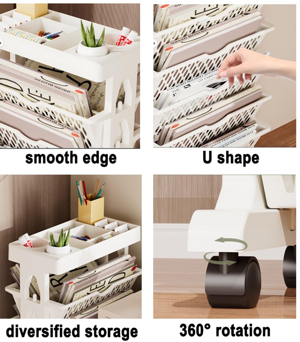 Movable Classroom Deskside Bookshelf, Desk Storage Organizer with Caster Wheels, 6-Tier Storage Trolley Under Desk, Adjustable Rolling Cart Organizer Multifunctional Rolling Cart with Hanging Cups