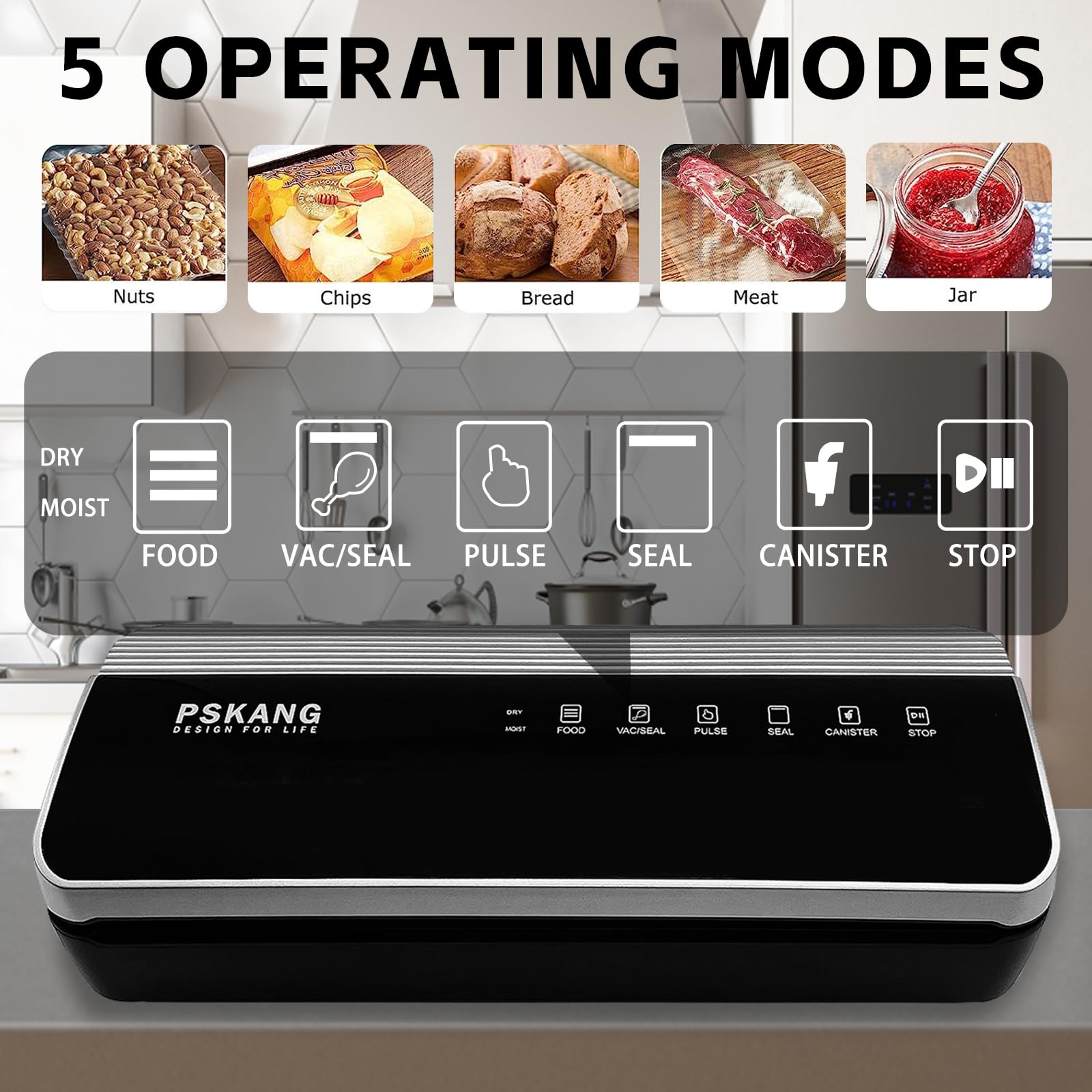 Pskang Vacuum Sealer Machine One-Touch Vacuum Sealer with Bags Rolls Storage and Cutter Automatic Air Sealing System with Vacuum Seal Bags and 1 Roll (11"x16'))