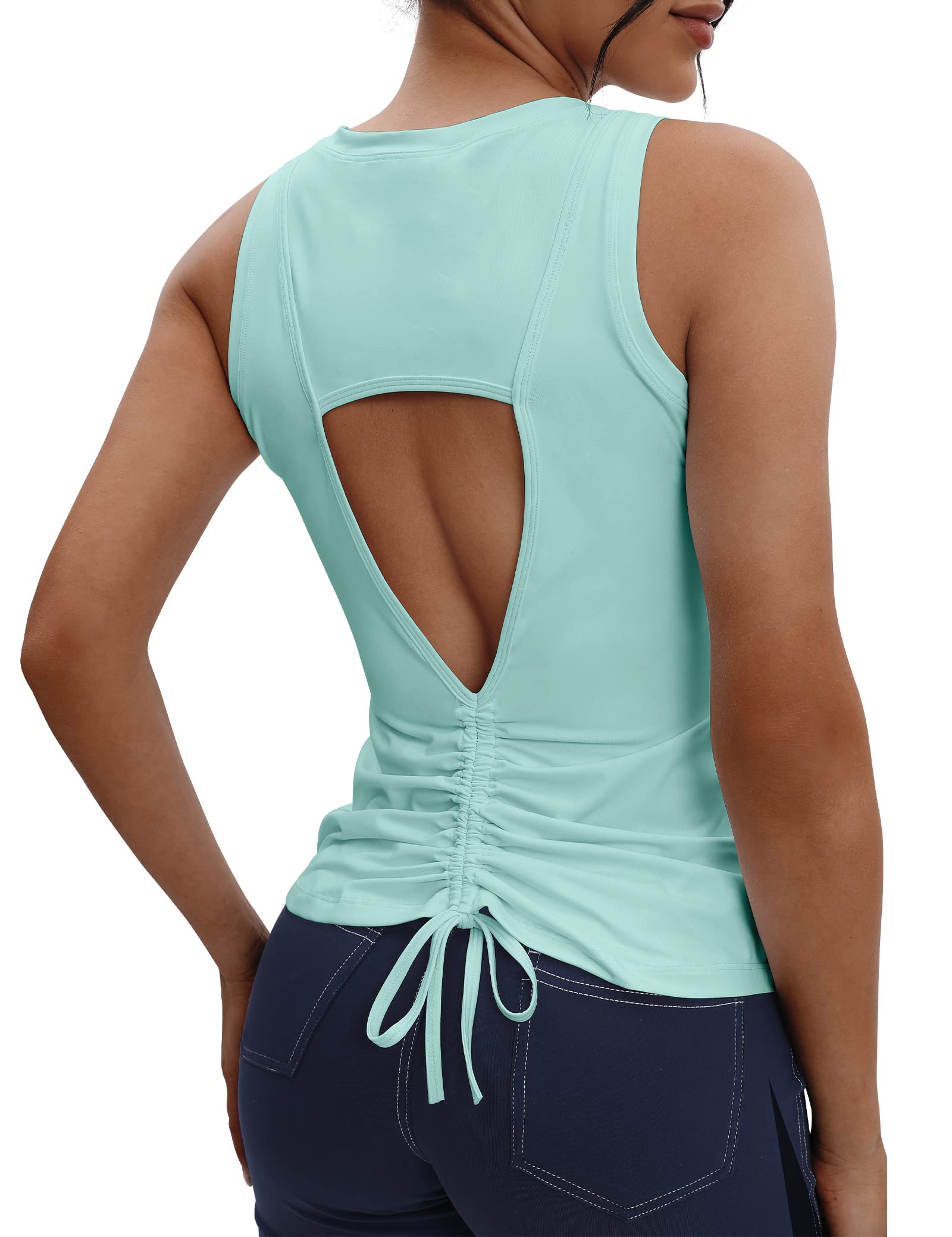 VOOVEEYA Ruched Workout Tops for Women Open Back - Going out Crop Tops Backless Yoga Tops Tie Back(Tops Light Green-M