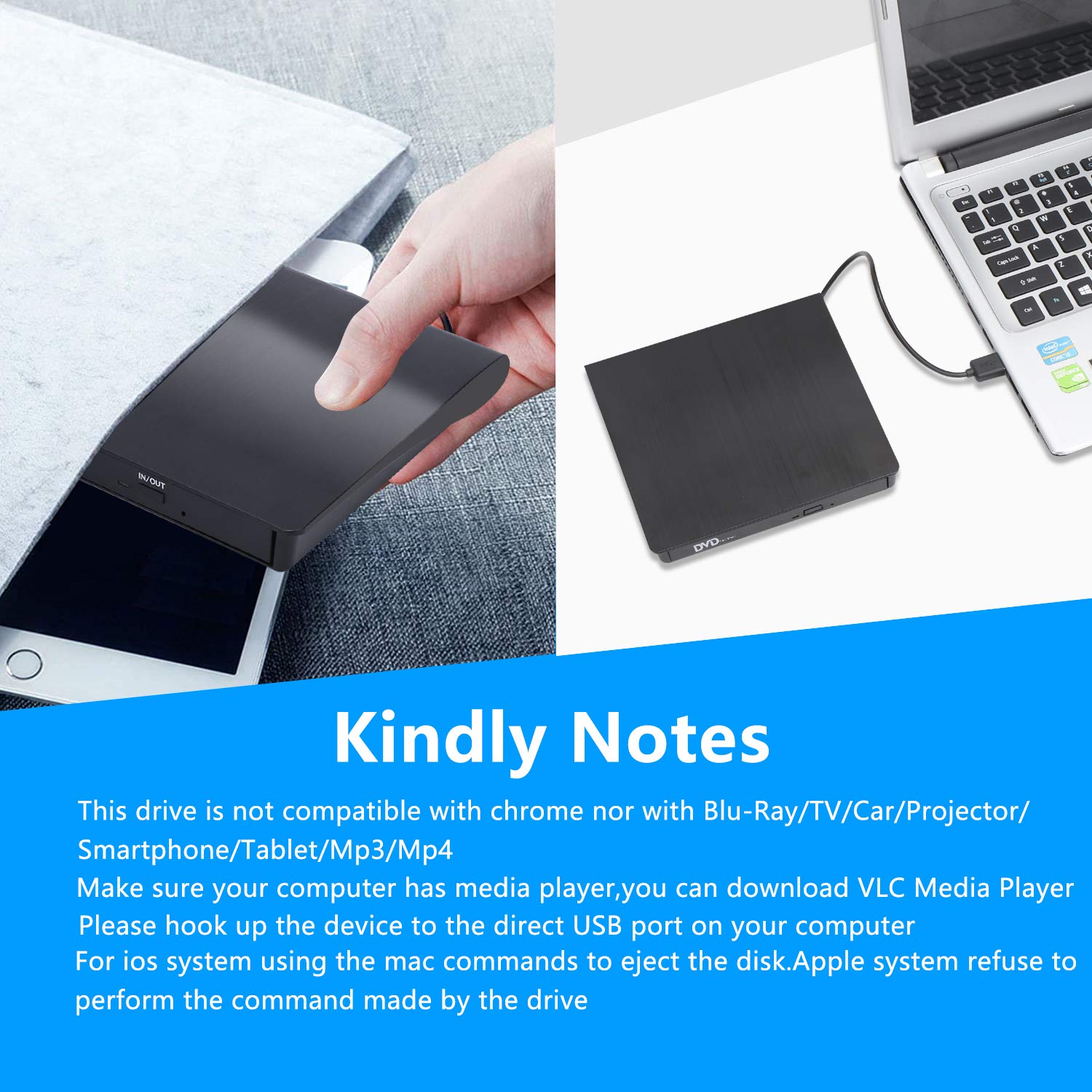OOCLCURFUL External CD Drive, USB 3.0 Slim DVD Writer Rewriter Burner High Speed Data Transfer for Desktop/Laptop/Linux/Mac OS/Windows10/8/7 (2021 Upgrade, Black)