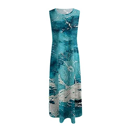 Winter Women Maxi Dress Summer Spring O Neck Dresses Sleeveless Split Long Boho Pocket Beach Tank Winter Mid Length Blue