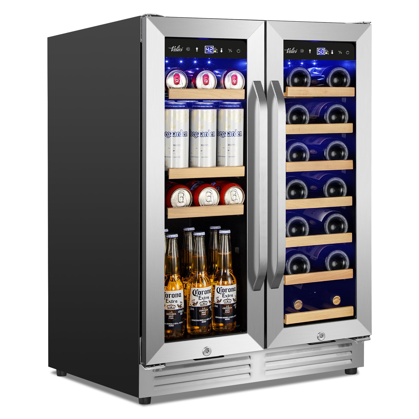 Velivi Wine and Beverage Refrigerator Under Counter, 24 Inch Beverage Fridge Dual Zone with Glass Door, Freestanding & Built In Beverage Cooler with Increase Capacity Space, Advanced Cooling System