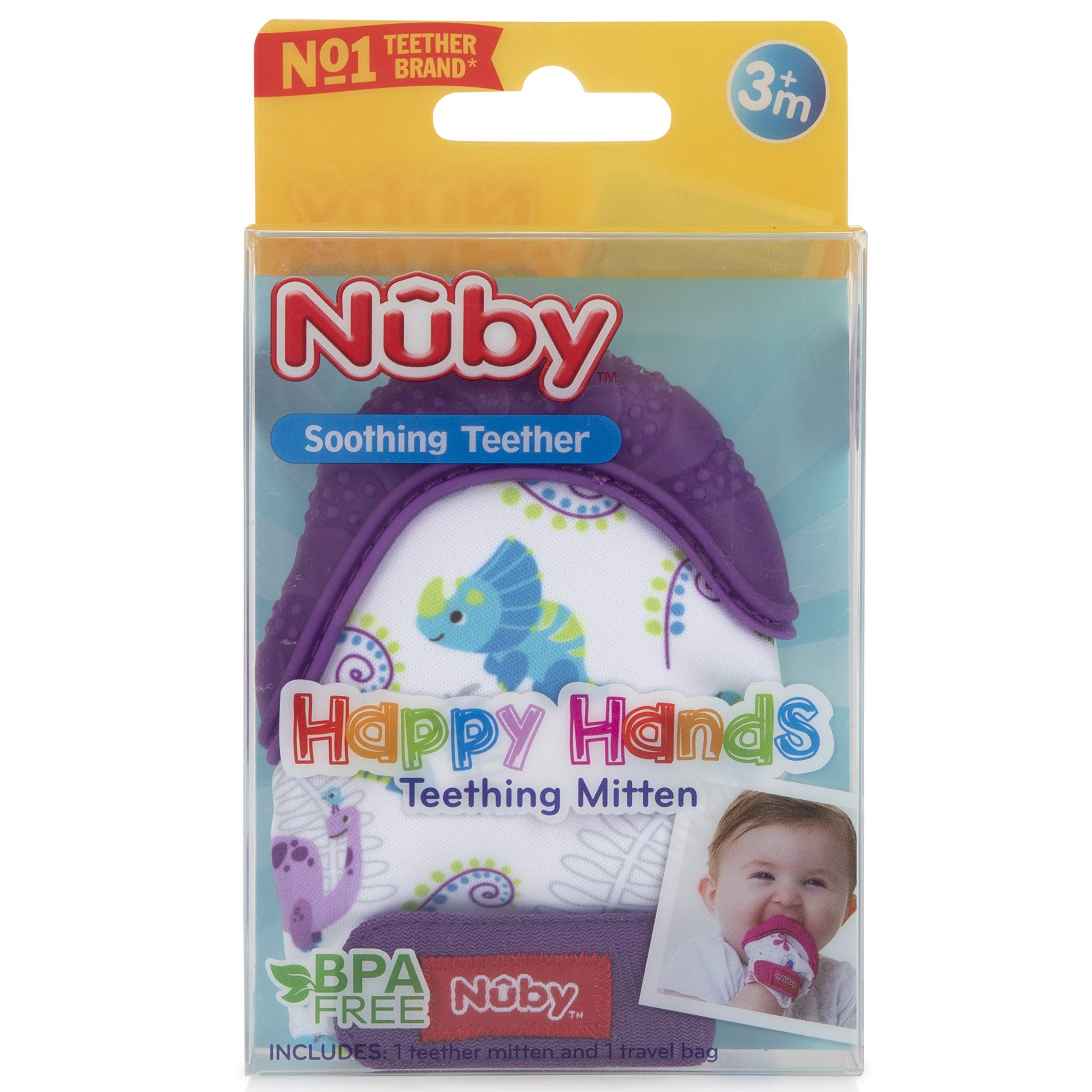 Nuby Soothing Teething Mitten with Hygienic Travel Bag, Dinosaurs, Purple