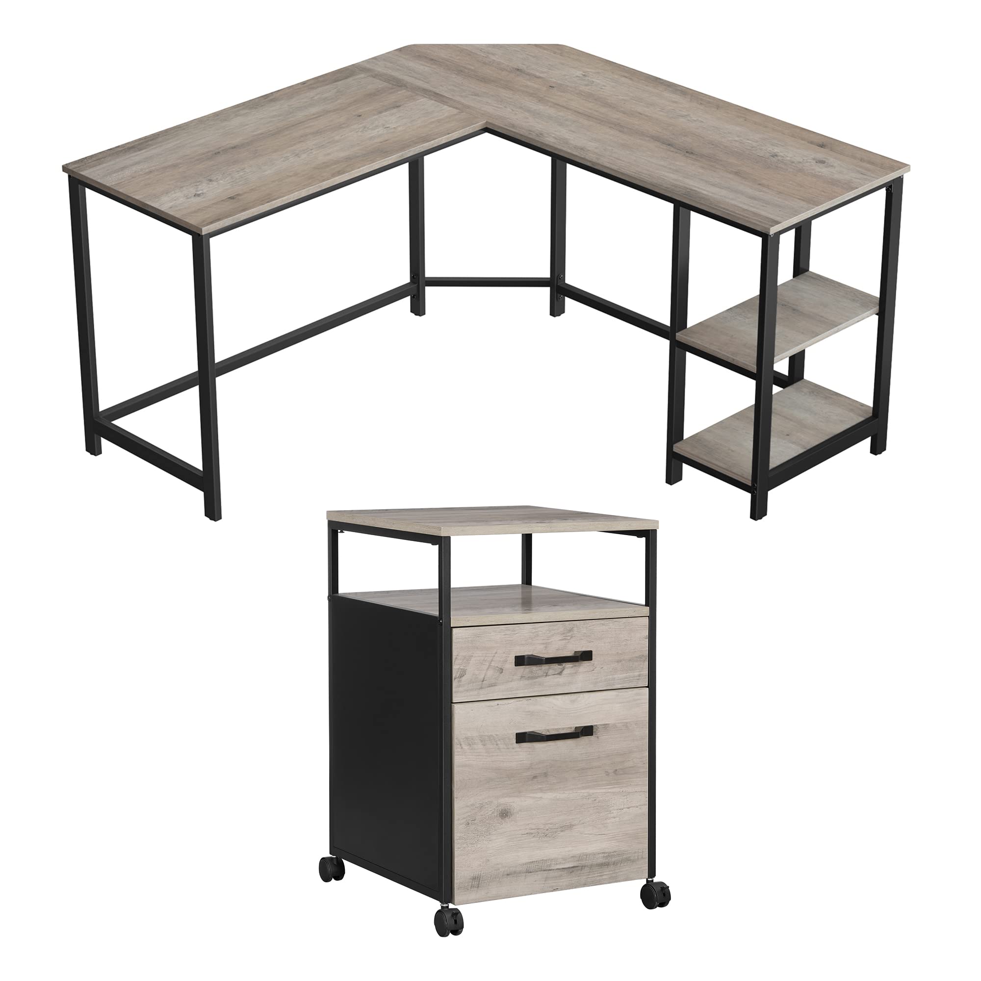 VASAGLE L-Shaped Computer Desk and Rolling File Cabinet Bundle, Writing Desk, Filing Cabinet with 2 Drawers, Industrial Style, for Home Office, Greige and Black ULWD72MB and UOFC071B02