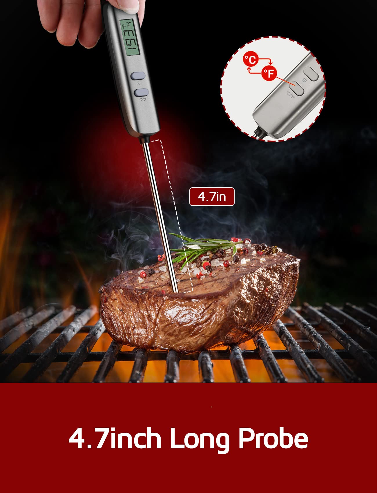 YaungBass Digital Meat Thermometer, Instant Read Cooking Food Thermometer with 4.7in Long Probe for Grill Candy, Kitchen Thermometer for BBQ Smoker Oven Oil Milk Yogurt, 1-Silver
