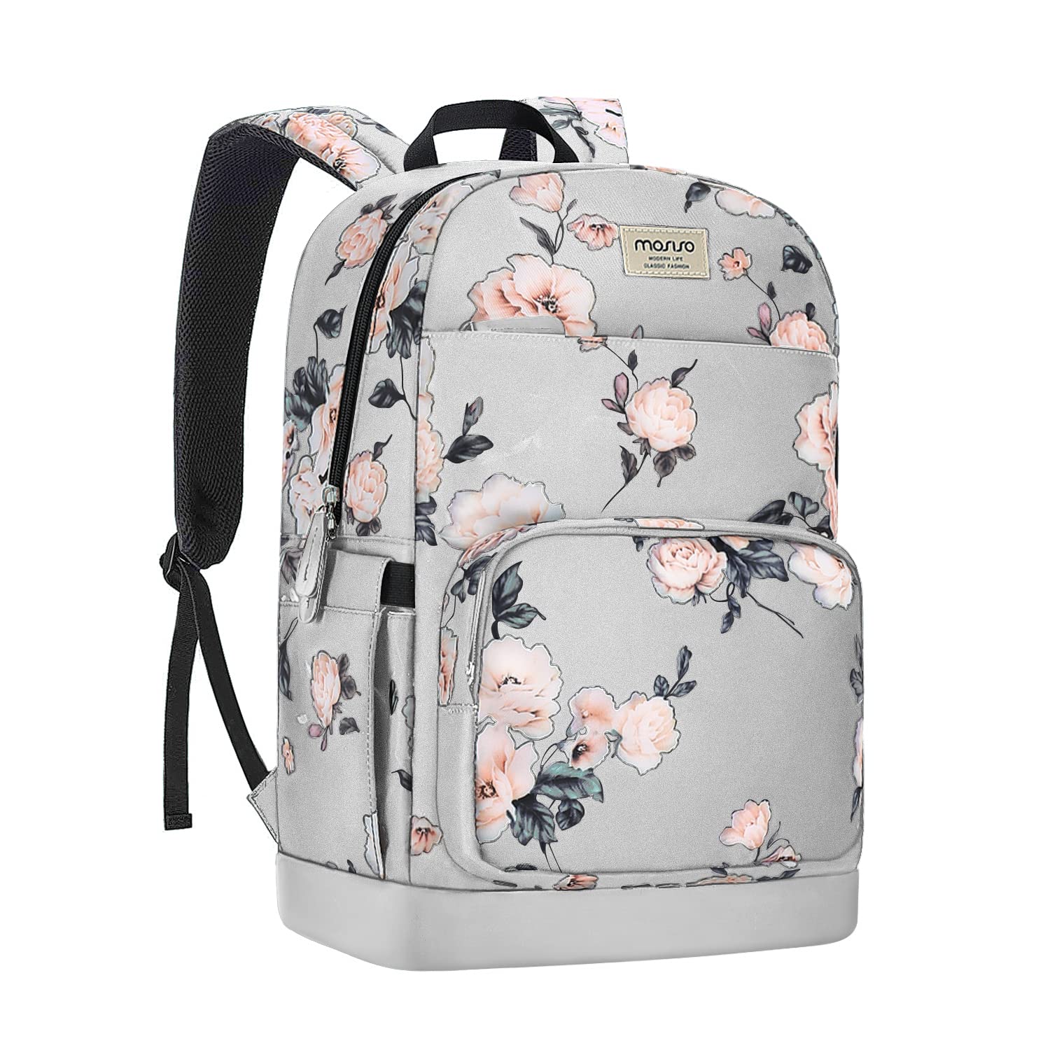MOSISO 15.6-16 inch Laptop Backpack for Women, Polyester Anti-Theft Stylish Casual Daypack Bag with Luggage Strap & USB Charging Port, Camellia Travel Backpack, Grey