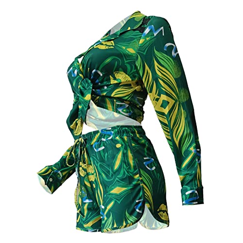 Uni Clau Women Two Piece Tracksuit Causal Printed Long Sleeve Button Down Blouse Short Pants Jogging Sets Green S