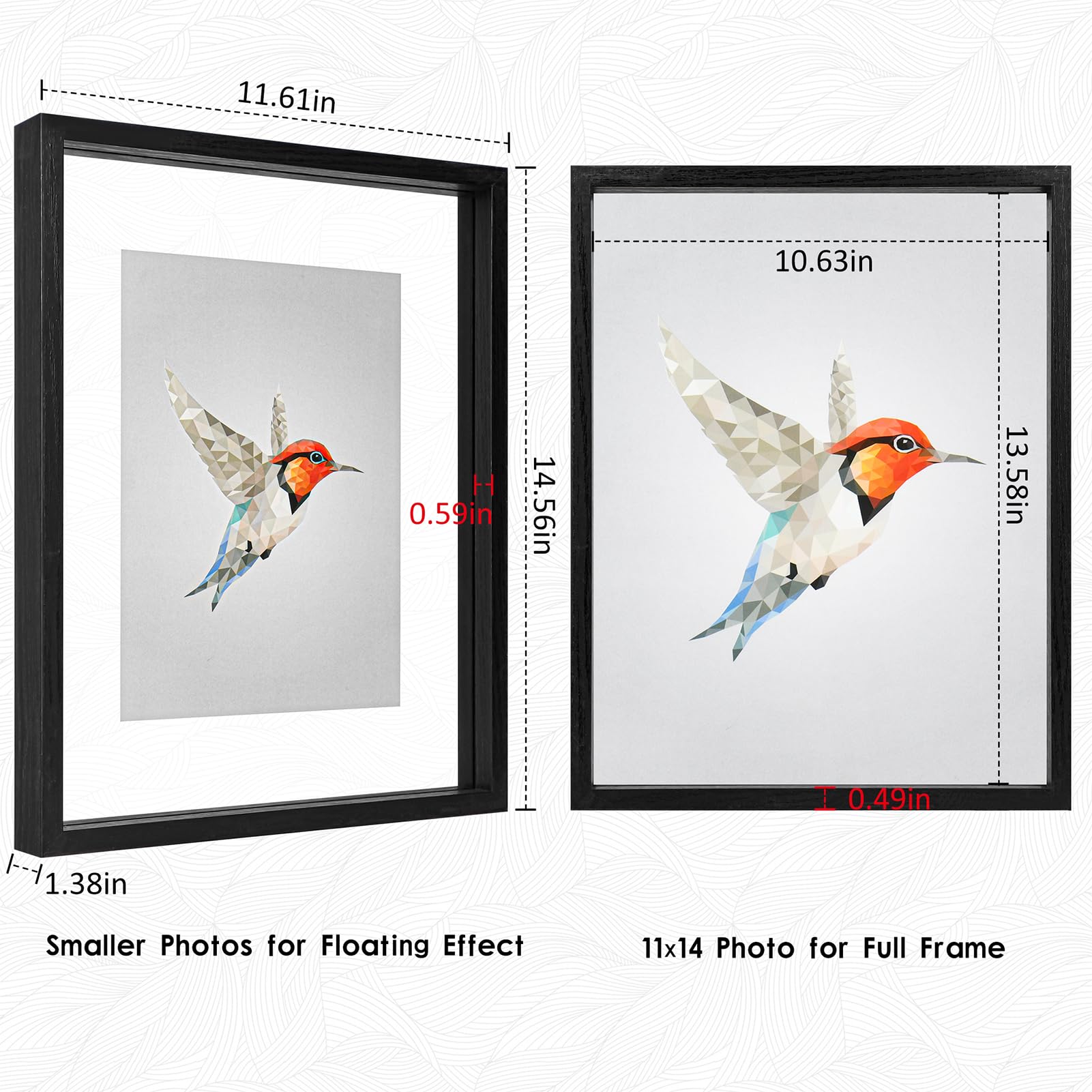 MUYE 11x14 Floating Frames Set of 2,Double Glass Picture Frame Display Any Size Photo up to 11x14,Wall Mount or Tabletop Standing,Black