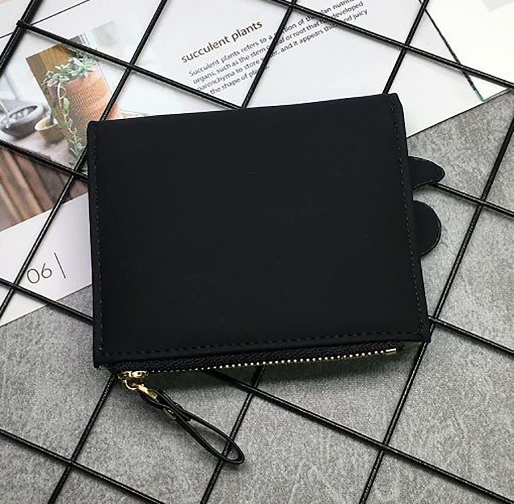 YaJaMa Cute Cat Fox Rabbit Embroidery Women Wallet Small Bifold PU Leather Credit Card Case Holder Zipper Coin Purse for Girls (Black)