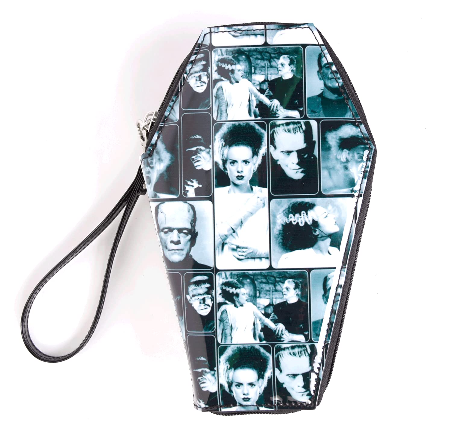Universal Monsters Frankenstein and Bride Tiled Movie Scenes Zip Around Coffin Wallet Women’s Wristlet Clutch