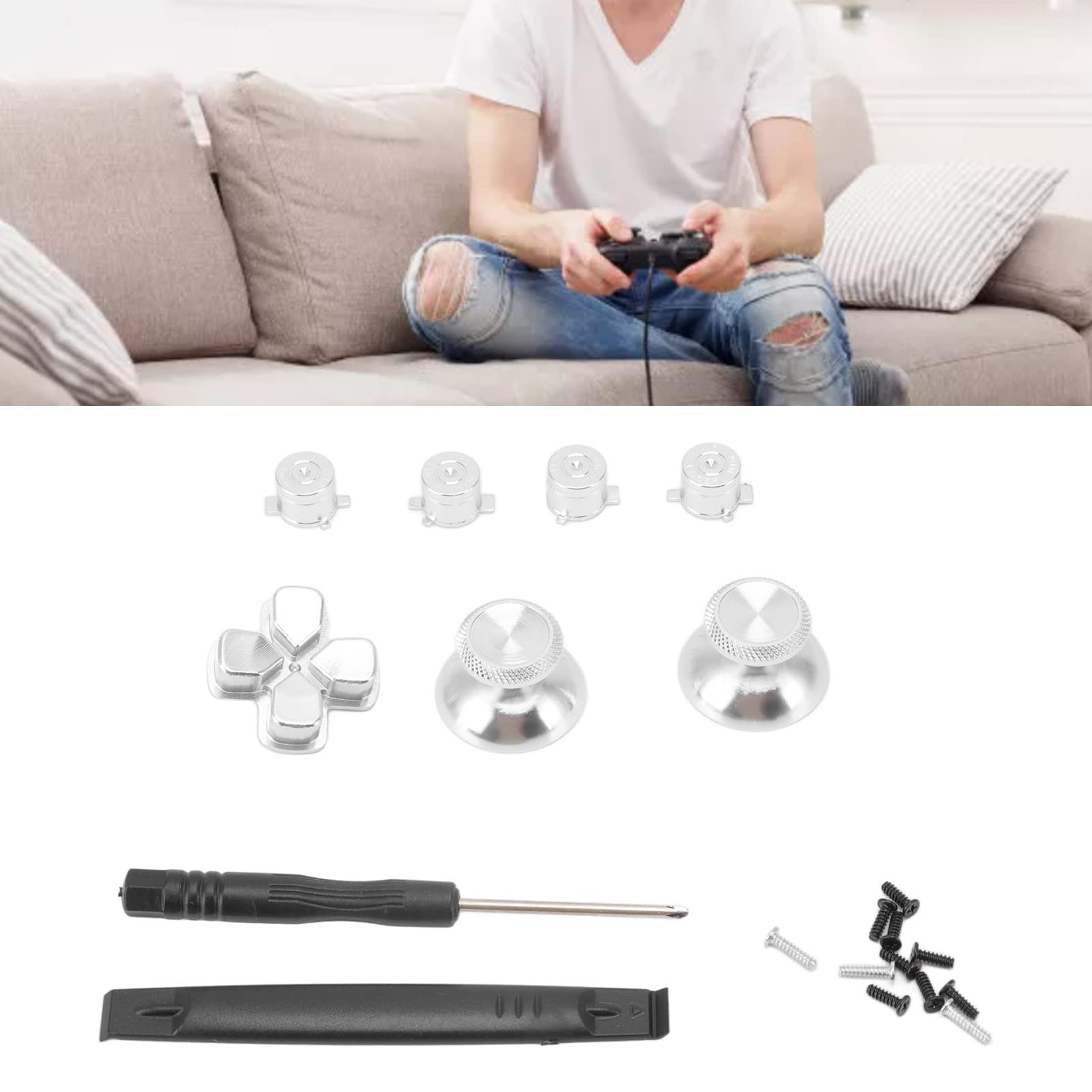 Yoidesu Metal Buttons Replacement Kit for PS5 Controller, Aluminum Alloy D Pad Replacements Kits for Playstation 5, with Screw, Screwdriver and Pry Bar(Silver)