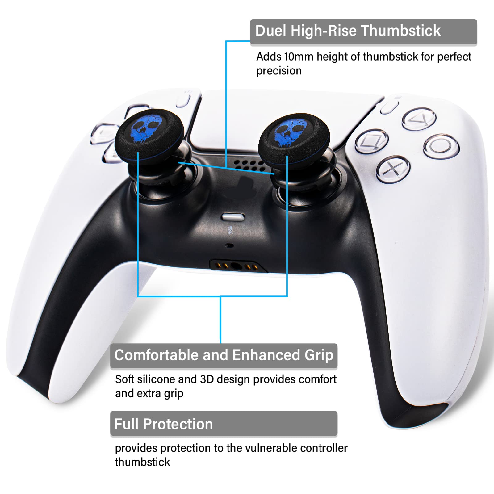 Playrealm FPS Thumbstick Extender & Printing Rubber Silicone Grip Cover 2 Sets for PS5 Dualsenese & PS4 Controller (Ghost Blued)
