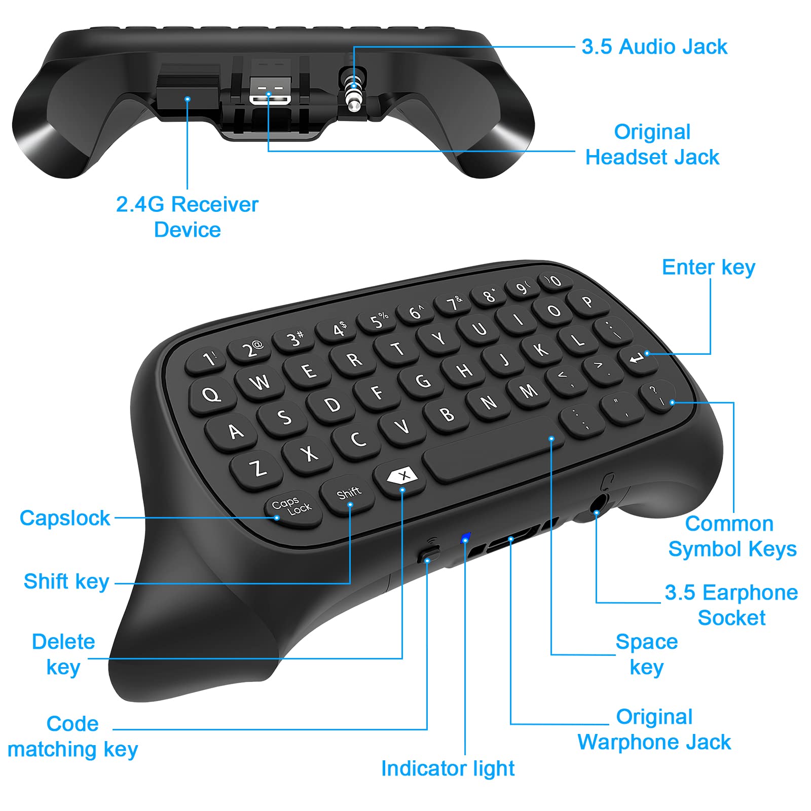Wireless Keyboard for Xbox One/S, for Xbox Series X/S Controller, Mini Chatpad Message Controller Keyboard Built-in Speaker with 2.4G Receiver & 3.5mm Audio Jack for Xbox Series X/S/One/S (Black)