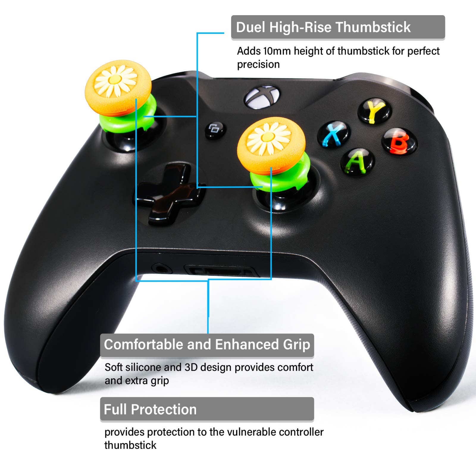 Playrealm FPS Thumbstick Extender & 3D Texture Rubber Silicone Grip Cover 2 Sets for Xbox Series X/S & Xbox One Controller (Daisy Orange)