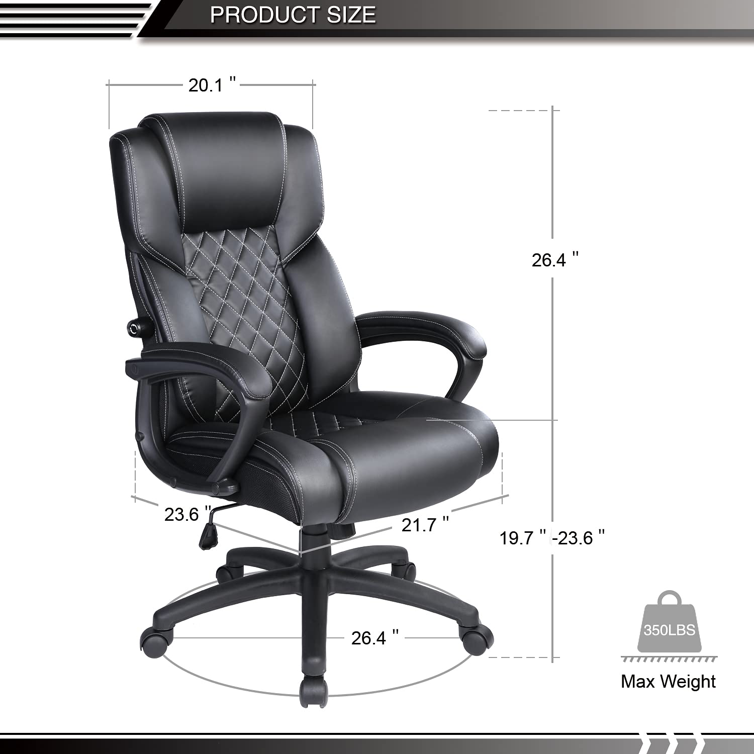Ptoulemy Big and Tall Office Chair 300lbs Heavy Duty Computer Ergonomic Desk Chair 360 Swivel Task Chair Executive Leather Office Chair with Adjustable Lumbar Support (Black)