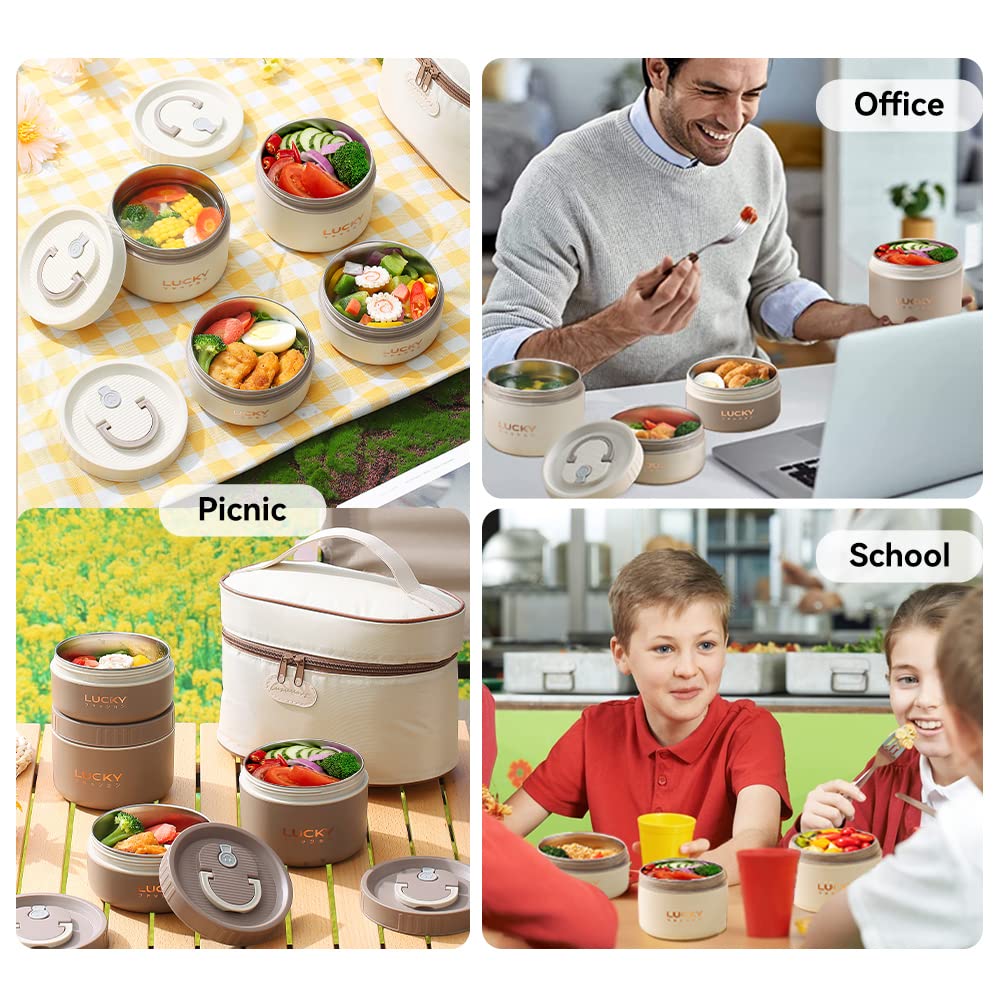 YBOBK HOME Thermal Bento Box Aldult Lunch Box, Portable Insulated Lunch Container For Work Picnic, Keep Warm Stainless Steel Food Container With Bag, Induction Cooker & Microwave Safe (Beige 68oz)
