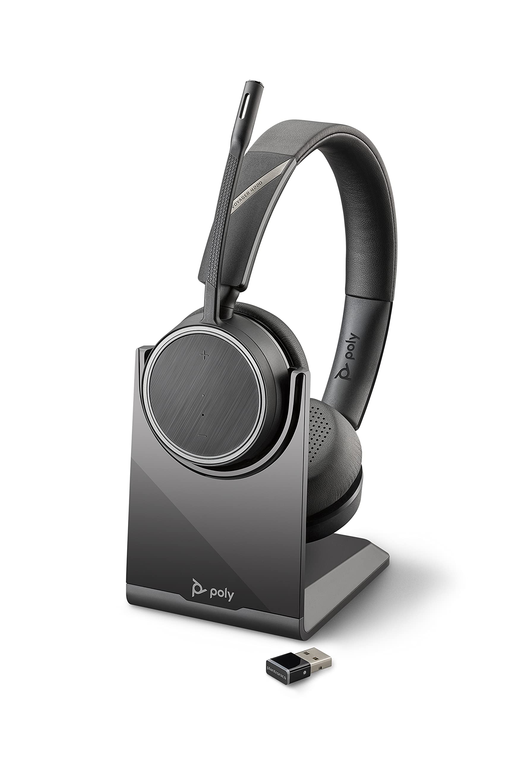 Plantronics - Voyager 4220 UC USB-A with Charge Stand (Poly) - Bluetooth Dual-Ear (Stereo) Headset - Connect to PC, Mac, & Desk Phone - Noise Canceling - Works with Teams, Zoom & more