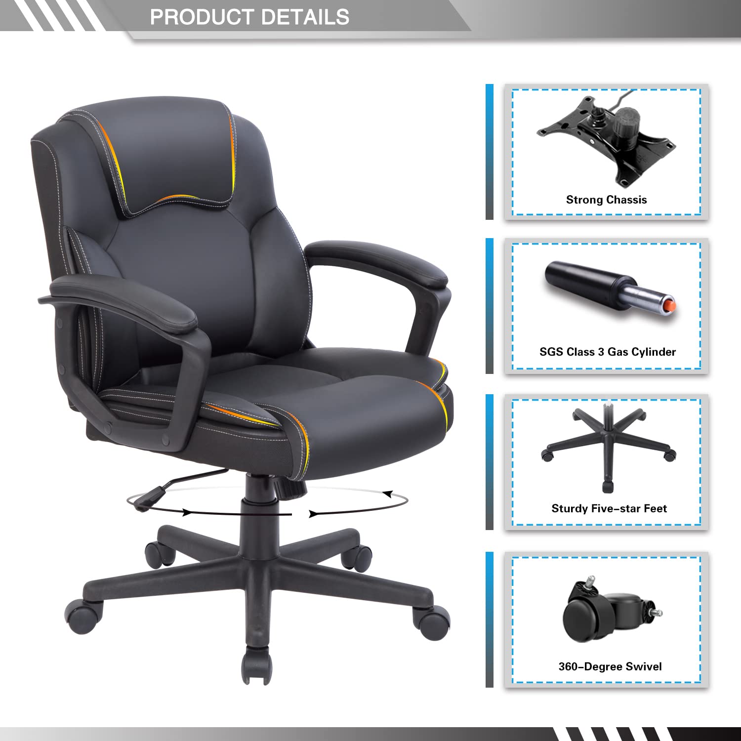 PTOULEMY Office Chair with Spring Cushion Computer Executive Desk Chair 360 Swivel Task Chair with arms PU Leather Ergonomic Chair