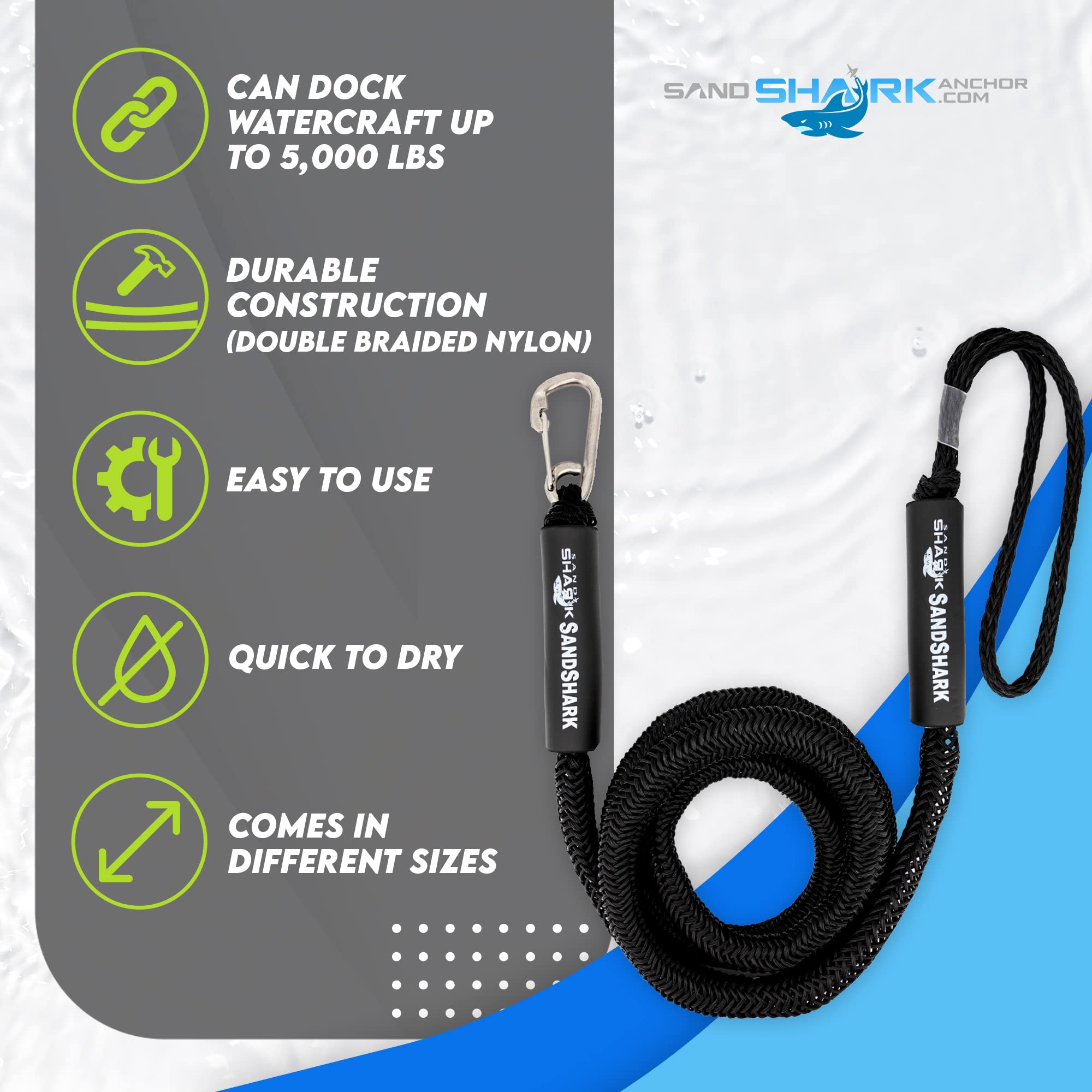 SandShark 7-14ft Premium Anchor Bungee Dock Line. Boat Accessories Bungee Anchor Line Absorbs Shock to Anchors and Docks w/Stainless Steel Clip. Designed for SandShark Anchor.