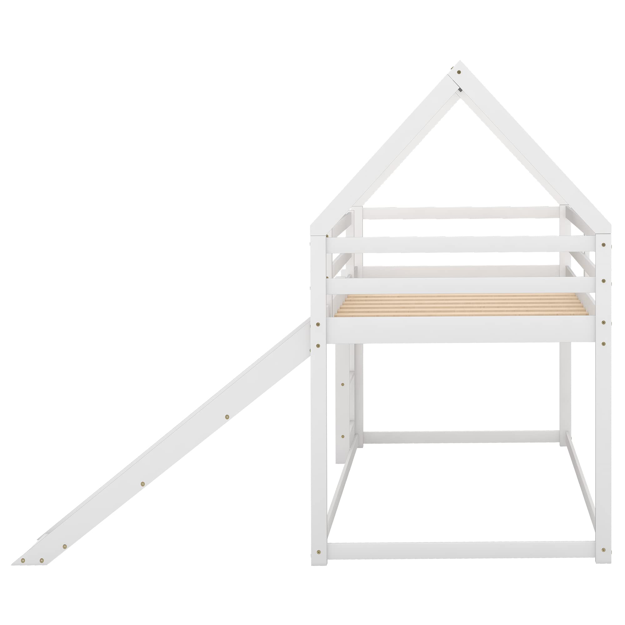 MERITLINE House Bunk Bed with Slide, Twin Bunk Beds for Kids,Wood Bunk Beds with Slide and Roof, Slide Bunk Bed with Ladder for Girls, Boys,White