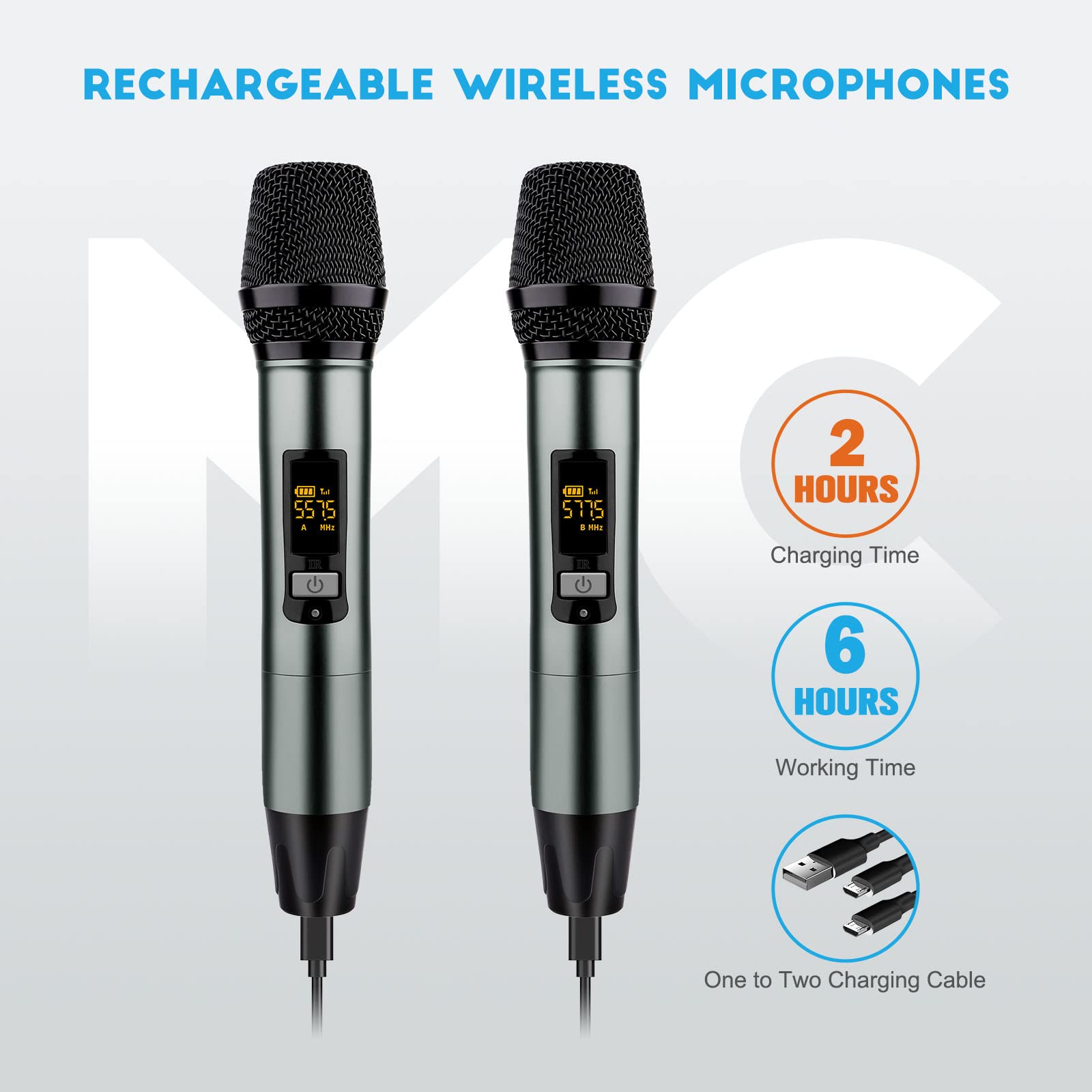 PLINUS Rechargeable Wireless Microphone, UHF Mic with 2 Handheld Dynamic Cordless Microphones with Portable Receiver, 180ft, for Party, Speech, Karaoke Singing, Class, Wedding, DJ, Church