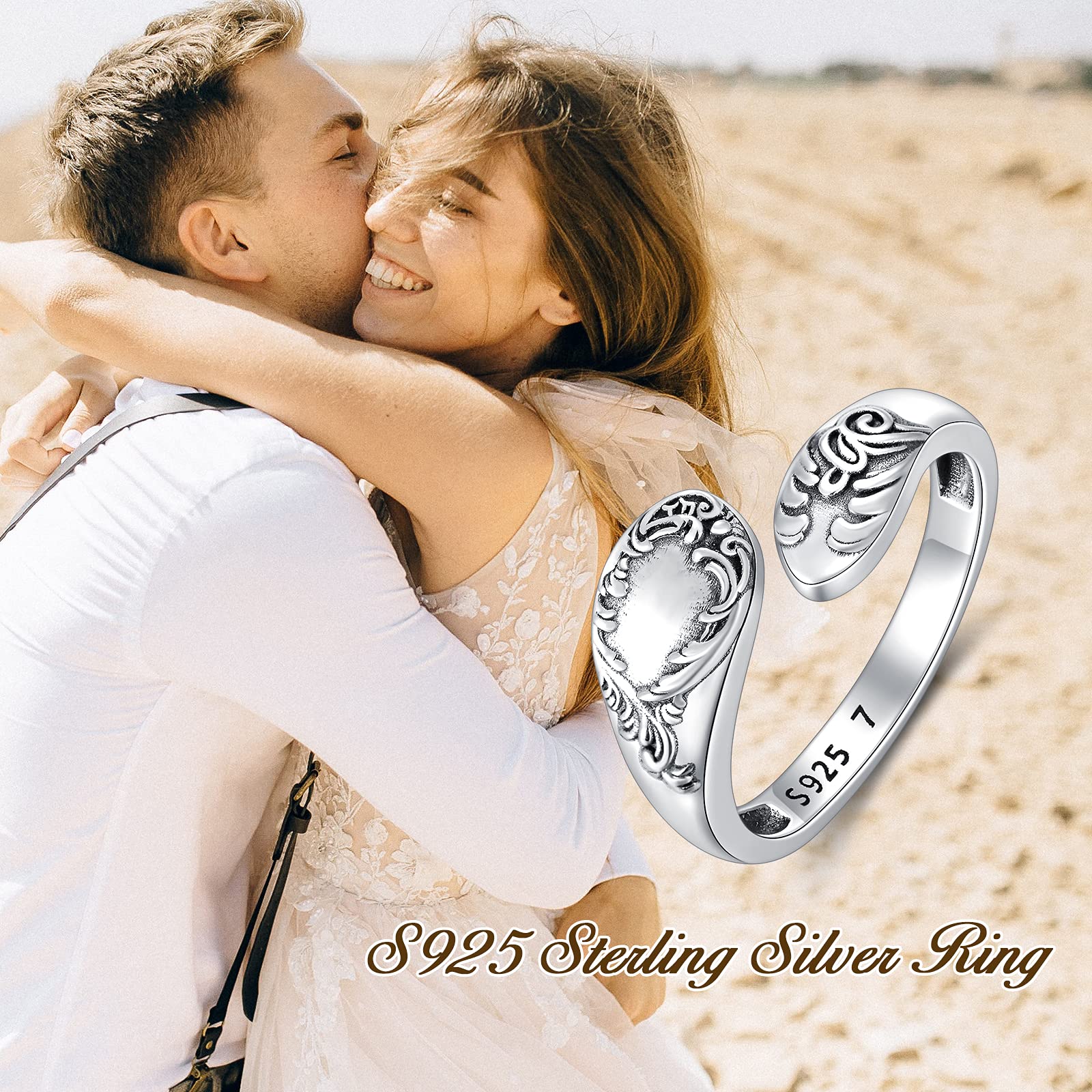 PROESS Sterling Silver Spoon Ring with Oxidized Open Wrap Ring Spoon Ring for Women Girls Couple, Size 7